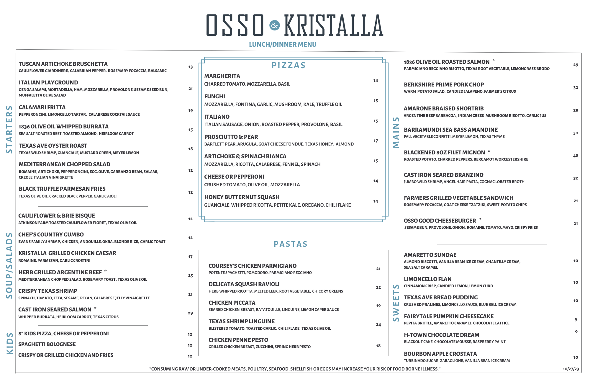 menu – Osso and Kristalla