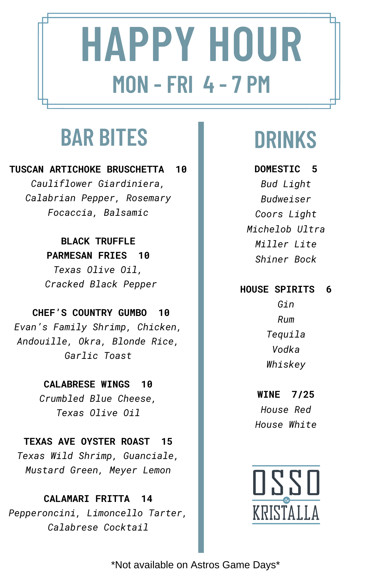 menu – Osso and Kristalla